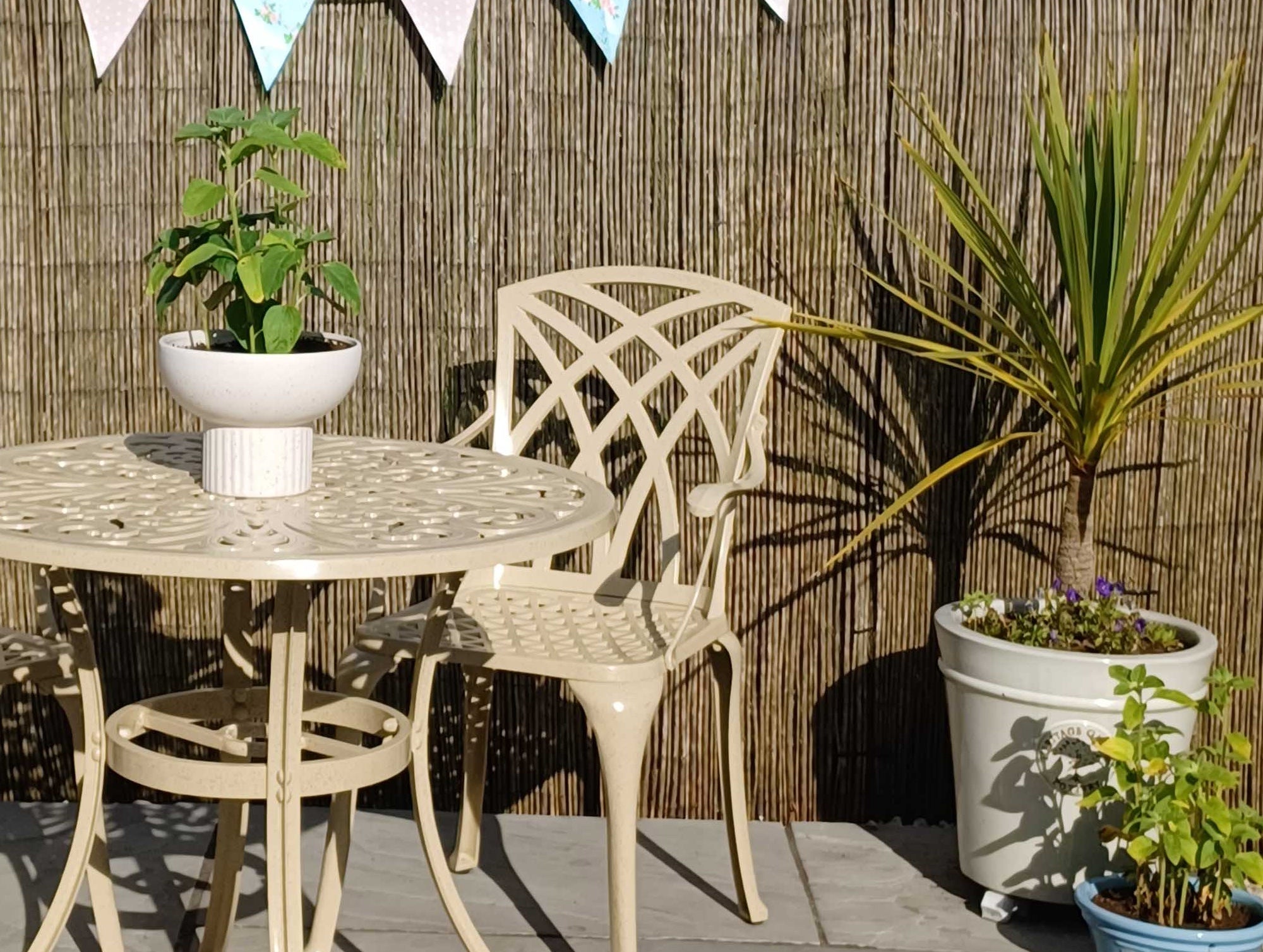 What plants complement a small garden table set? – Lazy Susan
